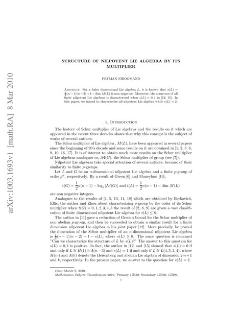 Pdf Structure Of Nilpotent Lie Algebra By Its Multiplier