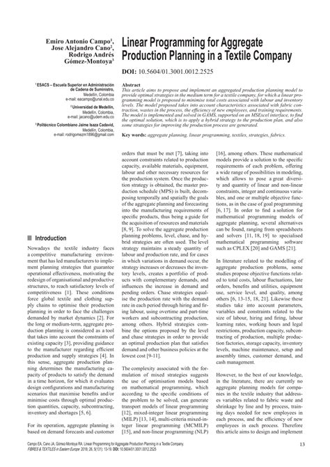 pdf linear programming for aggregate production planning in a textile
