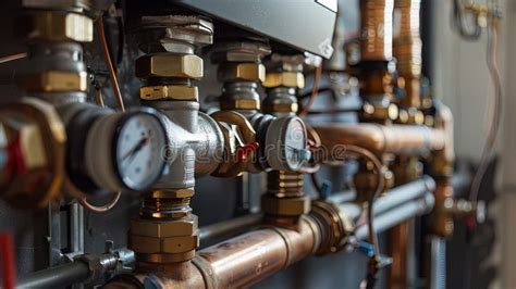 A Close Up Shot Of A Newly Installed Radiator System In A Home Pipes Connectors And Gauges