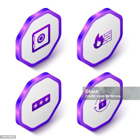 Set Isometric Safe Firewall Security Wall Password Protection And Lock Icon Purple Hexagon