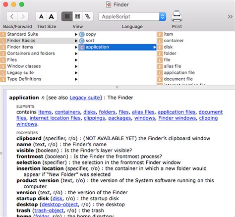 Applescript Where To Find Docs For The Supported Actions For `tell