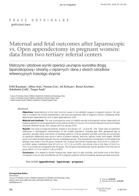 Pdf Maternal And Fetal Outcomes After Laparoscopic Vs Open Appendectomy In Pregnant Women