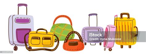 다채로운 수하물 및 여행 가방 배너 여행 관련 디자인 포스터 및 웹사이트를 위한 밝은 색상의 다양한 여행 가방과 핸드백 벡터 일러스트 레이 션 2025년에 대한 스톡 벡터