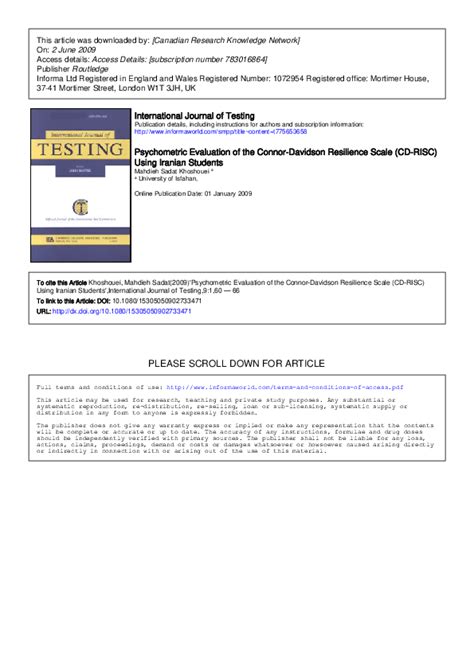 Pdf Psychometric Evaluation Of The Connor Davidson Resilience Scale Cd Risc Using Iranian