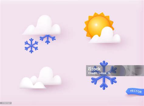 일기 예보를 위해 설정된 아이콘입니다 웹사이트 또는 모바일 앱 Ui 날씨 귀여운 현실적인 아이콘 세트입니다 3d 웹 벡터 일러스트레이션 겨울에 대한 스톡 벡터 아트 및 기타
