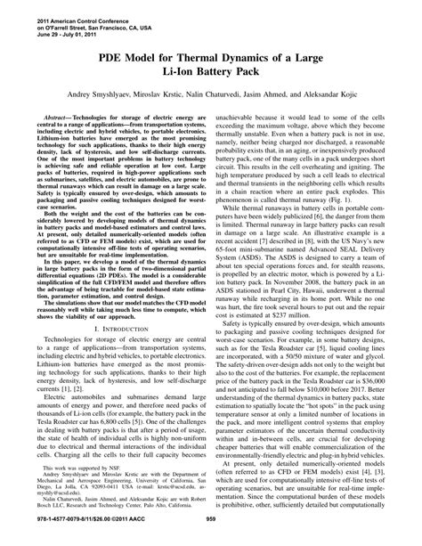 Pdf Pde Model For Thermal Dynamics Of A Large Li Ion Battery Pack
