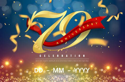 금과 파란색 배경에 79 주년 기념 로고 템플릿 빨간 리본 벡터와 색종이 고립 된 디자인 요소와 79 번째 황금 숫자를 축하 광고에 대한 스톡 벡터 아트 및 기타 이미지