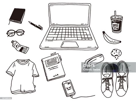 흑백 모노톤 라인 드로잉 일러스트레이션 흑백 일러스트레이션 모노톤 및 라인 드로잉 필기 컴퓨터 연구 일 커피 옷 스마트 폰