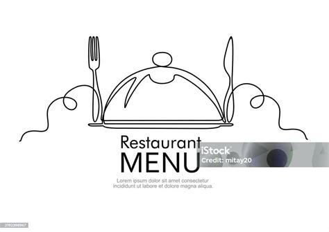 포크 숟가락 및 금속 덮개의 연속적인 한 선 그리기 메뉴 음식 디자인 따옴표 템플릿이 있는 그림입니다 메뉴 레스토랑 스케치에 사용할 수 있습니다 개념에 대한 스톡 벡터 아트