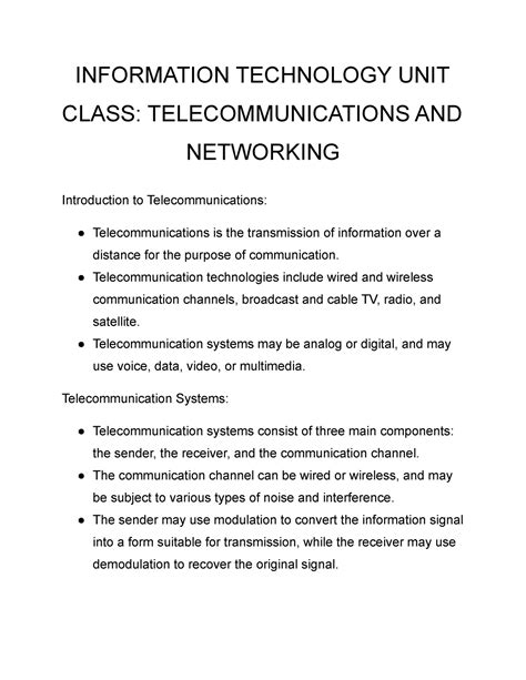 Information Technology Unit Class Telecommunications And Networking Information Technology