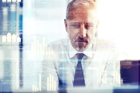 Business Man Code And Hologram With Graphs Reading And Programming With Overlay For Futuristic