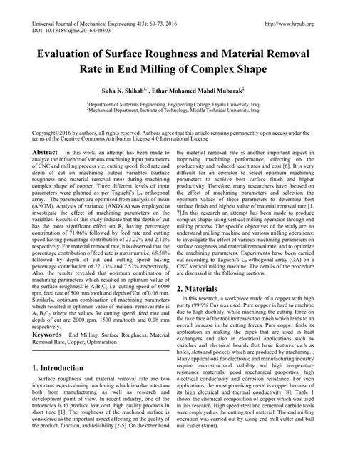 Pdf Evaluation Of Surface Roughness And Material Removal Rate In End Milling Of Complex Shape