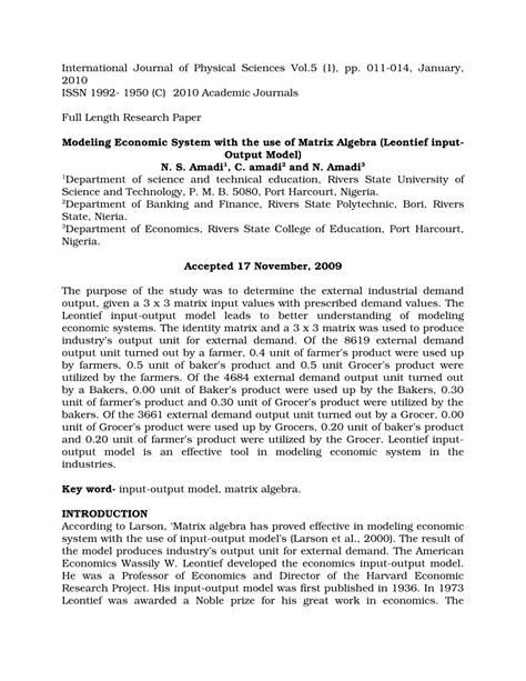 pdf modeling economic system with the use of matrix algebra leontief input output model