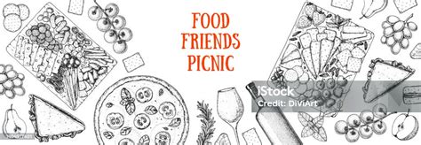 피크닉 음식 정상보기 손으로 그린 벡터 일러스트레이션 음식과 음료 스케치 안티 파스티 피자 샌드위치 과일 점심 또는 저녁 식사 스낵 여름 음식 탑 뷰 프레임 샤퀴트리에 대한
