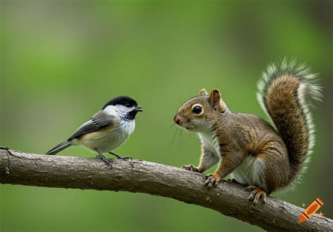 A Black Capped Chickadee And A Squirrel Face Each Other On A Branch On