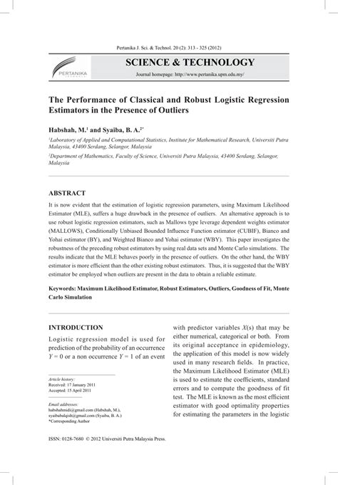 Pdf The Performance Of Classical And Robust Logistic Regression Estimators In The Presence Of