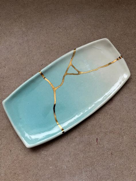 Kintsugi Inspired Rectangle Plate In Light Blue Ombre Etsy