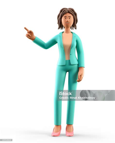 방향을 손가락을 가리키는 서 아프리카 계 미국인 여성의 3d 그림 흰색 배경에 고립 된 우아한 사업가를 미소 만화의 초상화 3차원 형태에 대한 스톡 사진 및 기타 이미지