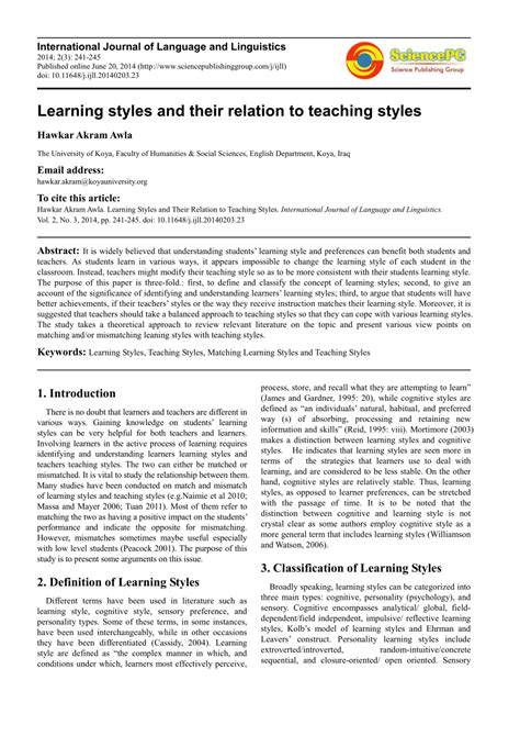 PDF Learning Styles And Their Relation To Teaching Styles