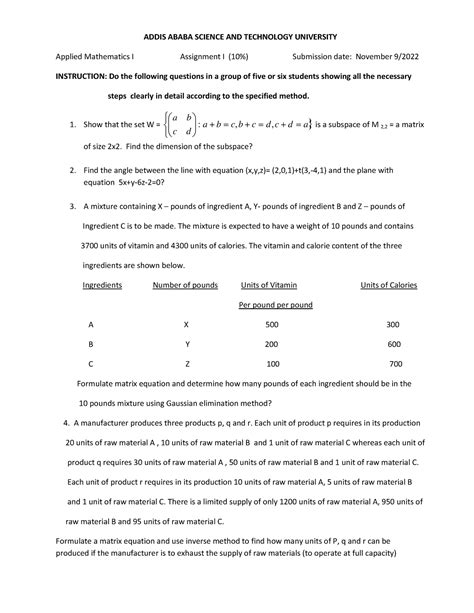 assignment i lecture addis ababa science and technology university applied mathematics i