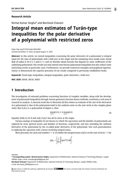 Pdf Integral Mean Estimates Of Turán Type Inequalities For The Polar Derivative Of A