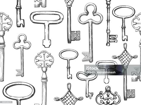 완벽 한 패턴입니다 손으로 그린 골동품 키 열쇠 구멍 및 자물쇠의 벡터 집합입니다 흰색 바탕에 스케치 스타일에서 그림입니다 오래 된 디자인입니다 가을에 대한 스톡 벡터 아트