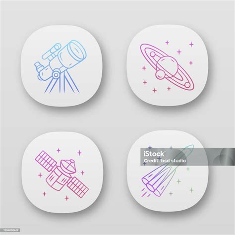 천문학 응용 프로그램 아이콘 세트 우주 탐사 망원경 태양계 인공 위성 로켓 천체 물리학 Ui Ux 사용자 인터페이스 웹 또는 모바일 응용 프로그램입니다 벡터 절연