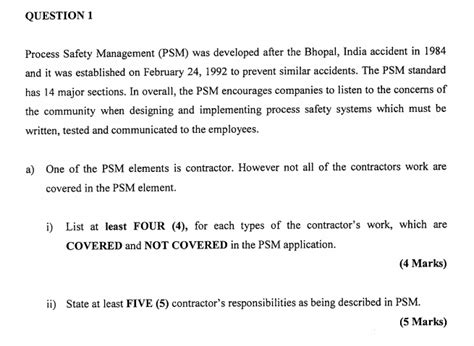 Solved QUESTION 1 Process Safety Management PSM Was Chegg Com