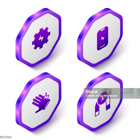 아이소 메트릭 기어와 번개 휴대 전화 전기 장갑 및 자석 아이콘을 설정합니다 보라색 육각형 버튼 벡터 3차원 형태에 대한 스톡 벡터 아트 및 기타 이미지 Istock