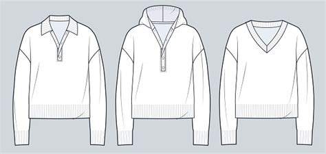 스웨터 세트 점퍼 기술 패션 그림 스웨트 셔츠 패션 기술 드로잉 템플릿 오버핏 후드 폴로 칼라 V 넥 전면 뷰 화이트 여성 남성 남녀 공용 Cad 모형 세트 V 넥에 대한