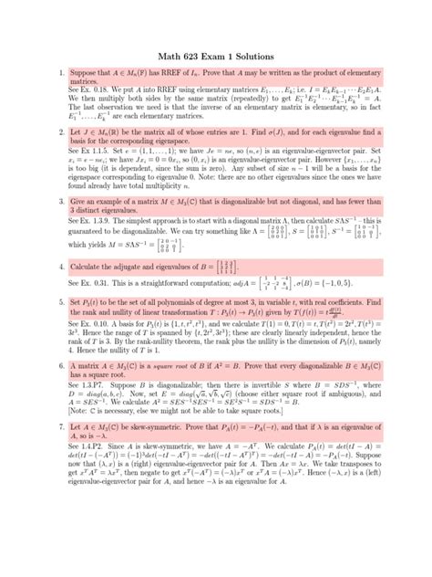 623 Exam 1 Solutions Pdf Eigenvalues And Eigenvectors Matrix Mathematics
