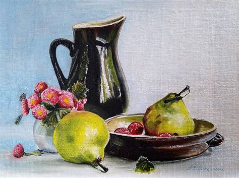 Картина «Натюрморт с кувшином фруктами и цветами Холст на картоне Масло 2024 г