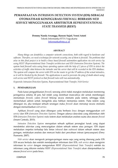 Pdf Pemanfaatan Intrusion Detection System Ids Sebagai Otomatisasi Konfigurasi Firewall
