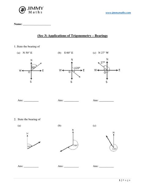 Sec 3 Applications Of Trigonometry Bearings Assignment Pdf Elementary Geometry