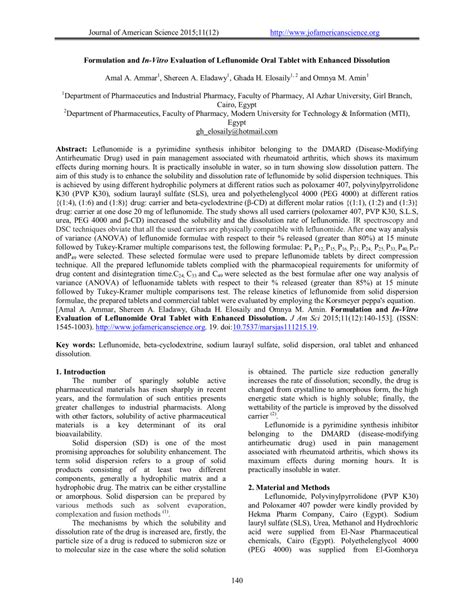 Pdf Formulation And In Vitro Evaluation Of Leflunomide Oral Tablet With Enhanced Dissolution