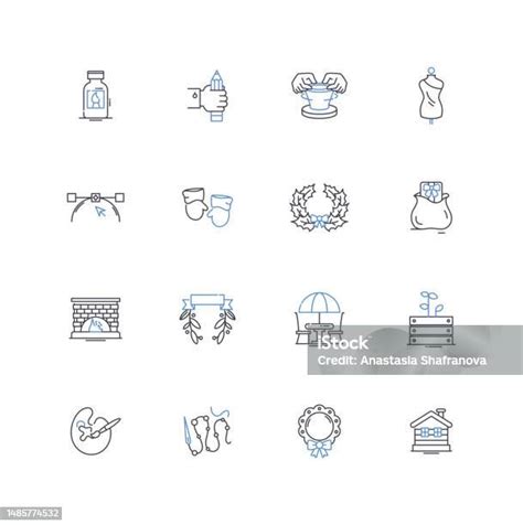 자체 제작 벤처 라인 아이콘 컬렉션 기업가 정신 창업 혁신 창의성 탄력성 야망 지속성 벡터 및 선형 일러스트레이션 열정 그릿 비전 개요 표지판 세트 결심에 대한 스톡 벡터
