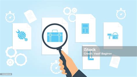 검색 아이콘으로 문서작성합니다 파일 및 돋보기 분석 연구 기호입니다 벡터 일러스트레이션 건물 롤러 페인트 파일 문서 연구 벡터