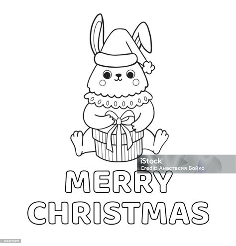 메리 크리스마스 색칠 공부 책 페이지 엽서 인쇄 크리스마스 모자 오프닝 선물 상자에 귀여운 토끼 토끼 만화 캐릭터 개요 낙서 벡터 일러스트 레이 션 교육에 대한 스톡 벡터
