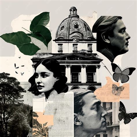 얼굴에 있는 다양한 색상의 물체 흑백 초상화와 배경에 있는 빈티지 잡지의 스크랩 Ai 생성 다채롭고 개념적인 밝은 예술 콜라주의 현대적인 디자인 프리미엄 사진