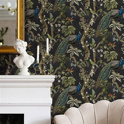 Holden Decor Peacock Woods Charcoal Wallpaper Floral Naturistic Feature