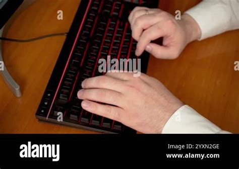 Close Up Man Hands Typing On Keyboard Pressing Keys Male Hands Quickly Pressing Buttons On