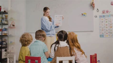 دانلود فوتیج ویدیویی معلم زن در حال آموزش حروف الفبا به شاگردانش در