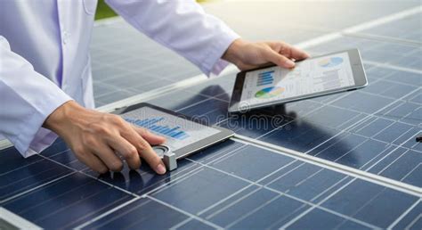 A Researcher Analysing Solar Panel Data Using A Tablet Stock