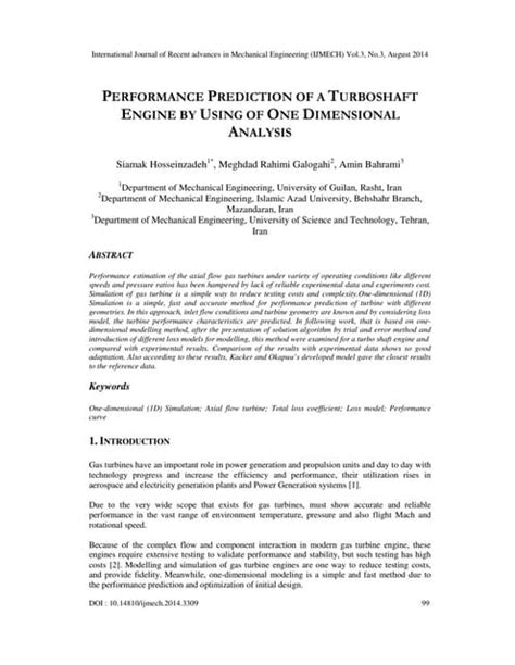 Performance Prediction Of A Turboshaft Engine By Using Of One Dimensional Analysis Pdf