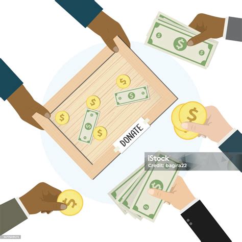 자원 봉사자가 나무 기부 상자를 들고 있습니다 사회적 책임 인간은 궁핍하고 난민을 위해 돈을 모은다 재정 지원 지원 도움의 손길 상자에 돈 다양한 인간이 지폐를 줍니다