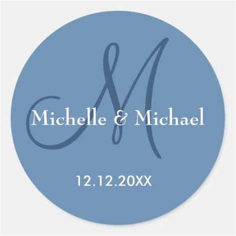 Modern Dusty Blue Wedding Monogram Name Classic Round Sticker