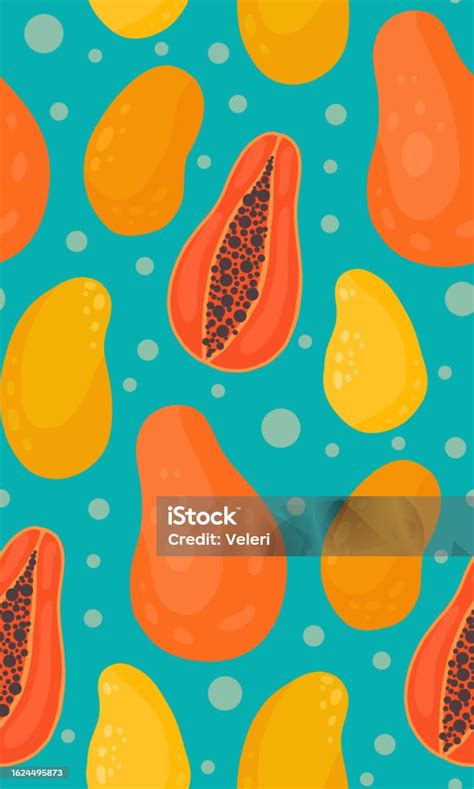 망고와 파파야가 있는 매끄러운 벡터 열대 패턴 점들이 있는 청록색 배경에 과일 질감 육즙이 많은 음식 표면 0명에 대한 스톡