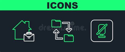 Set Line Mute Microphone Online Working And Cloud Storage Document Folder Icon Vector Stock