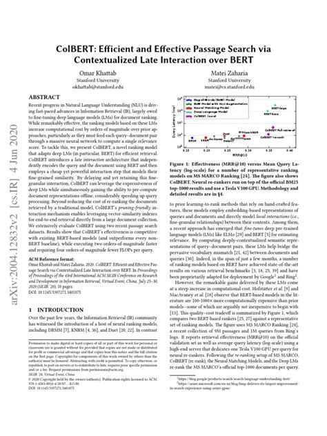 Colbert Efficient And Effective Passage Search Via Contextualized Late Interaction Over Bert