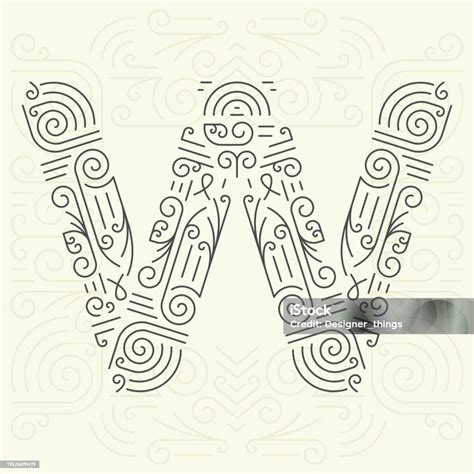 벡터 모노 라인 스타일 기하학적 글꼴 텍스트 슬로건 템플릿 또는 광고 레이블과 배지의 황금 모노 그램 디자인 요소 문자 W 개념에 대한 스톡 벡터 아트 및 기타 이미지